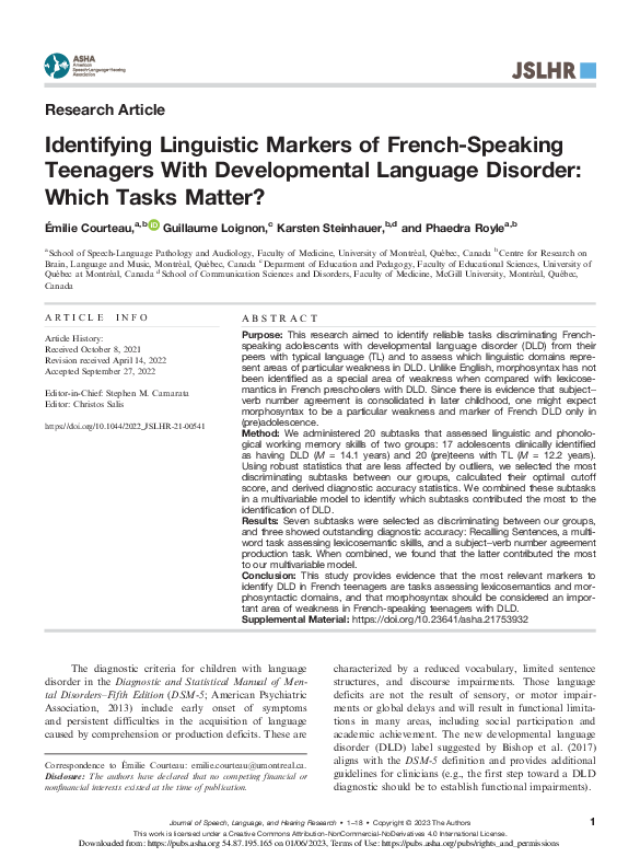 (PDF) Identifying Linguistic Markers of French-Speaking Teenagers With ...