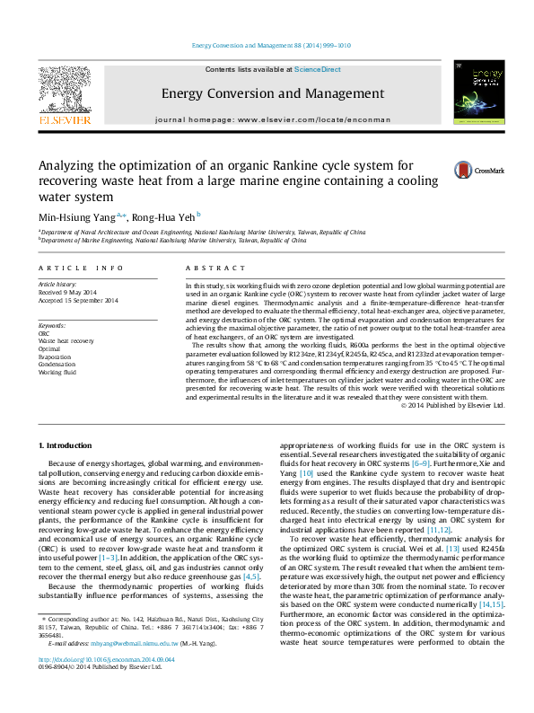 (PDF) Analyzing the optimization of an organic Rankine cycle system for ...