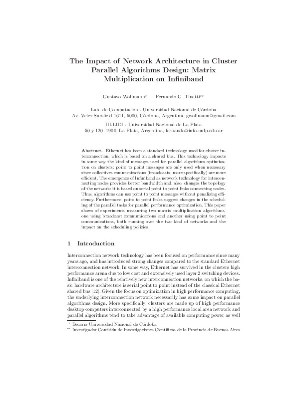 (PDF) The Impact of Network Architecture in Cluster Parallel Algorithms Design : Matrix ...
