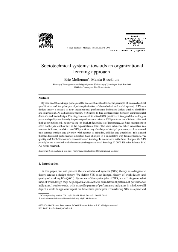 (PDF) Sociotechnical systems: towards an organizational learning approach