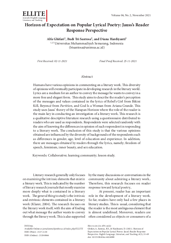 (PDF) Horizon of Expectation on Popular Lyrical Poetry: Jauss’s Reader ...