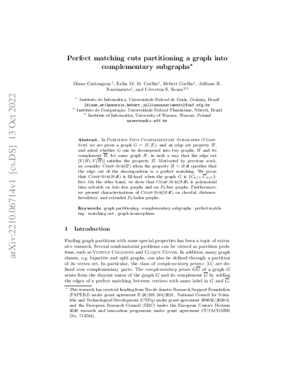 (PDF) Perfect matching cuts partitioning a graph into complementary ...