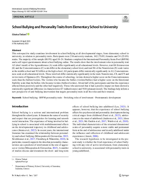 (PDF) School Bullying and Personality Traits from Elementary School to ...