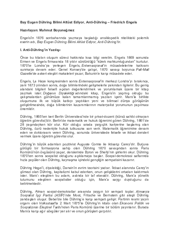 (DOC) Bay Eugen Dühring Bilimi Altüst Ediyor, Anti-Dühring - Friedrich ...