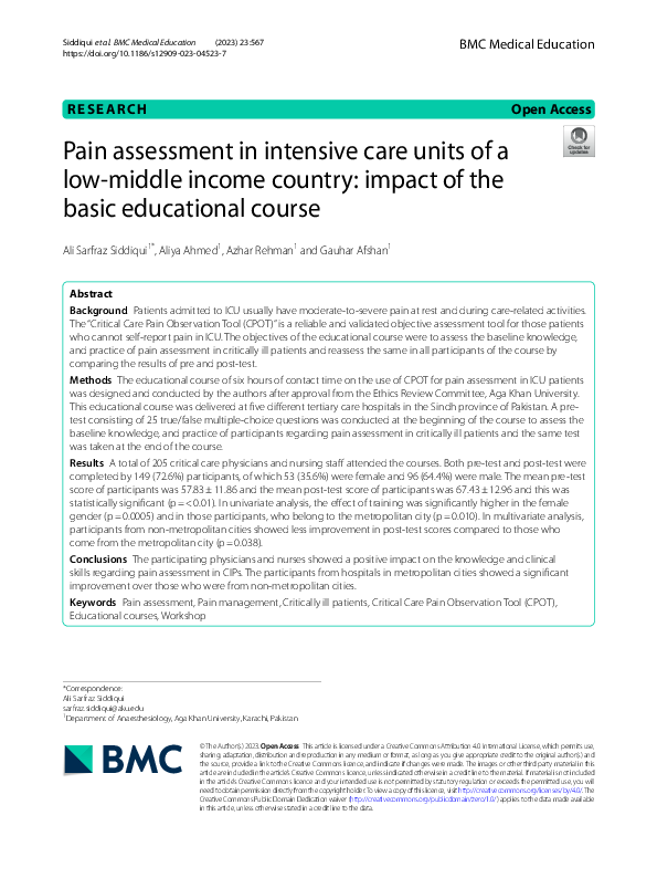 (PDF) Pain assessment in intensive care units of a low-middle income country: impact of the ...