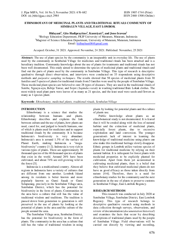 (PDF) Ethnobotany of medicinal plants and traditional rituals community of Sembalun Village ...