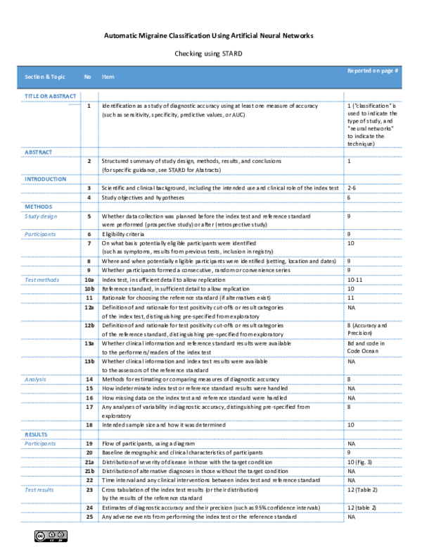 (PDF) STARD checklist for Automatic Migraine Classification Using Artificial Neural Networks