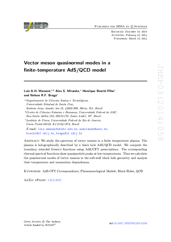 (PDF) Vector meson quasinormal modes in a finite-temperature AdS/QCD model