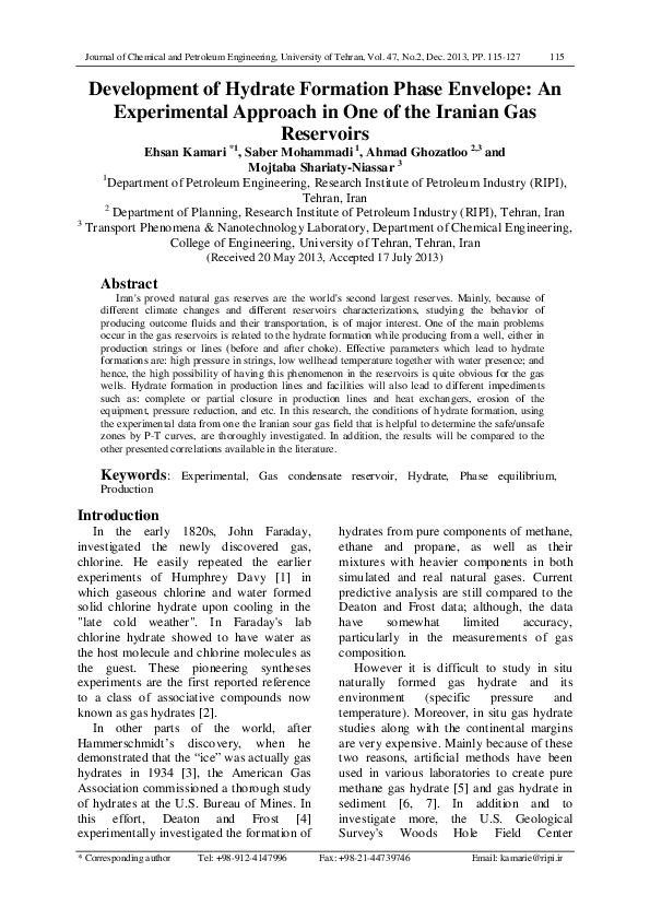 (PDF) Hydrate Formation Phase Envelope in Iranian Gas Reservoirs
