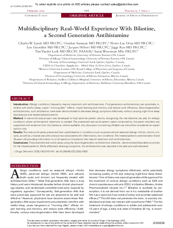 (PDF) Multidisciplinary Real-World Experience With Bilastine, a Second ...
