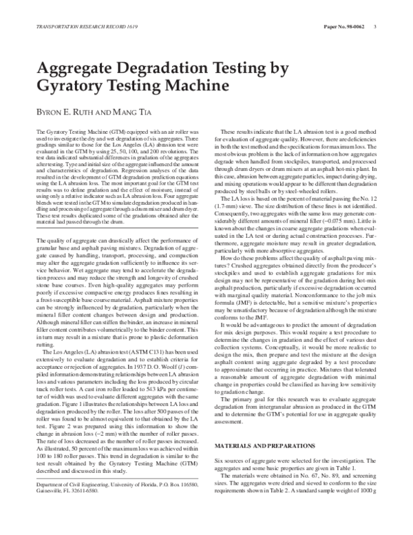 (PDF) Aggregate Degradation Testing by Gyratory Testing Machine