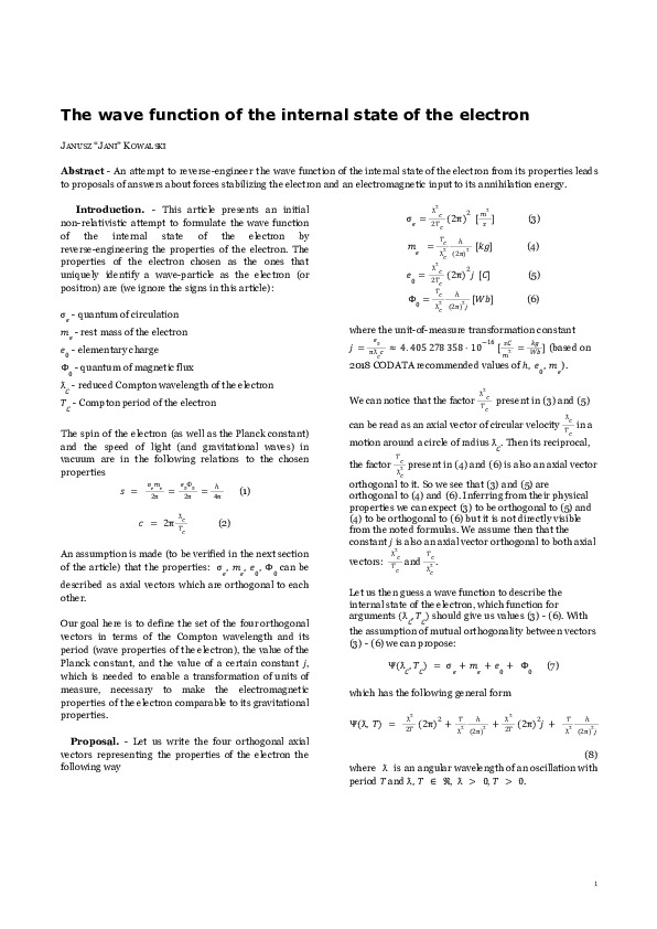 (PDF) The wave function of the internal state of the electron