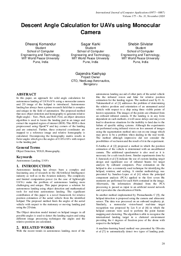 (PDF) Descent Angle Calculation for UAVs using Monocular Camera