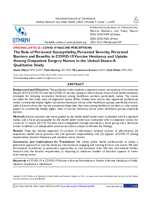 (PDF) The Role of Perceived Susceptibility, Perceived Severity ...