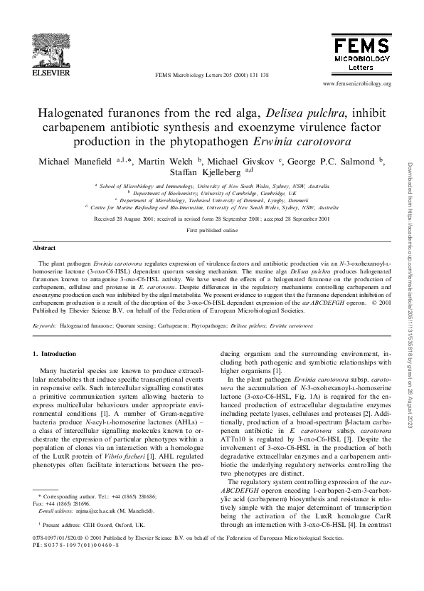 (PDF) Halogenated furanones from the red alga,Delisea pulchra, inhibit ...