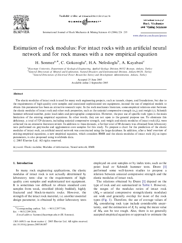 (PDF) Estimation of rock modulus: For intact rocks with an artificial neural network and for ...