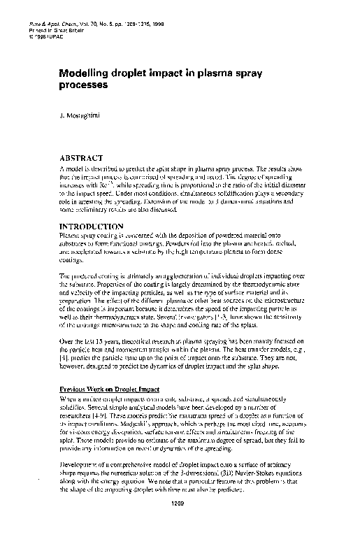 (PDF) Modeling droplet impact in plasma spray processes