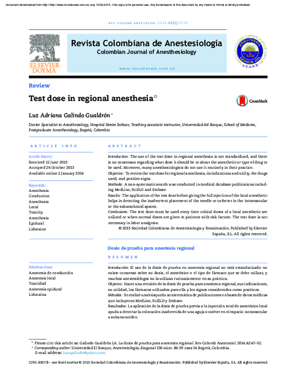 (PDF) Test dose in regional anesthesia