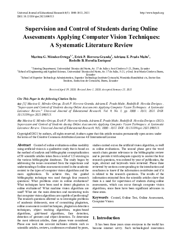(PDF) Supervision and Control of Students during Online Assessments Applying Computer Vision ...