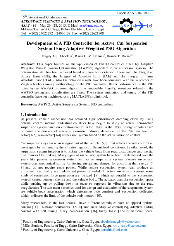 (PDF) Development of A PID Controller for Active Car Suspension System Using Adaptive Weighted ...