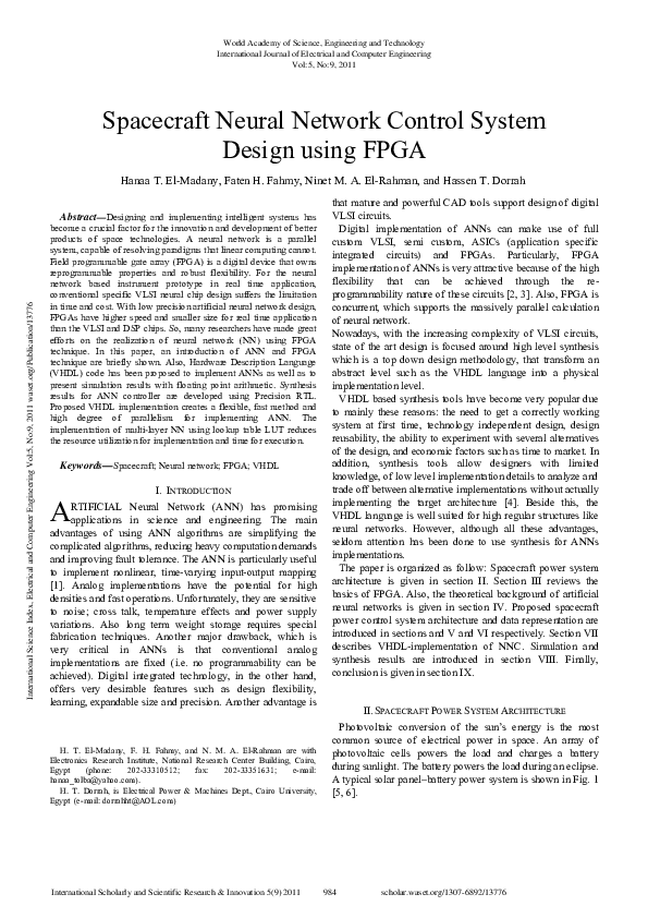 (PDF) Spacecraft Neural Network Control System Design Using Fpga