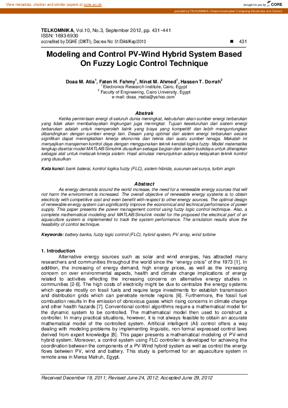 Pdf Modeling And Control Pv Wind Hybrid System Based On Fuzzy Logic Control Technique 