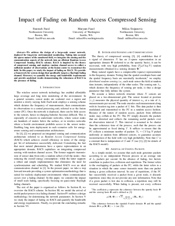 (PDF) Impact of fading on random access compressed sensing