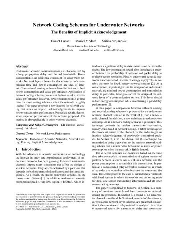 (PDF) Network coding schemes for underwater networks