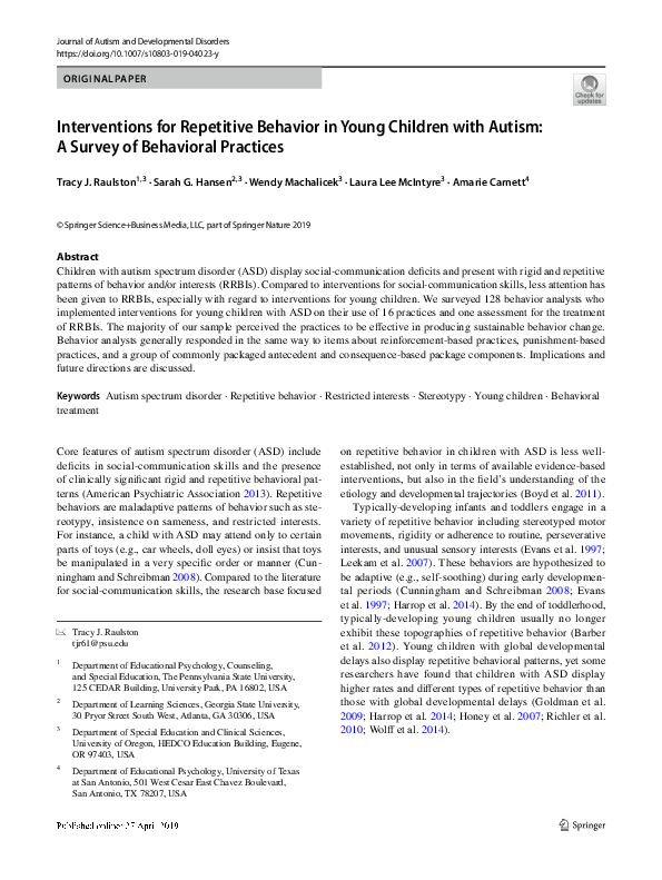 (PDF) Interventions for Repetitive Behavior in Young Children with ...