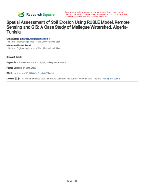 (PDF) Spatial Assessment of Soil Erosion Using RUSLE Model, Remote Sensing and GIS: A Case Study ...