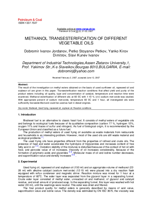 (PDF) Methanol transesterification of different vegetable oils