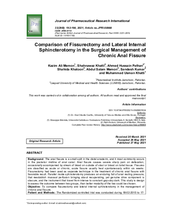 (PDF) Comparison of Fissurectomy and Lateral Internal Sphincterotomy in ...
