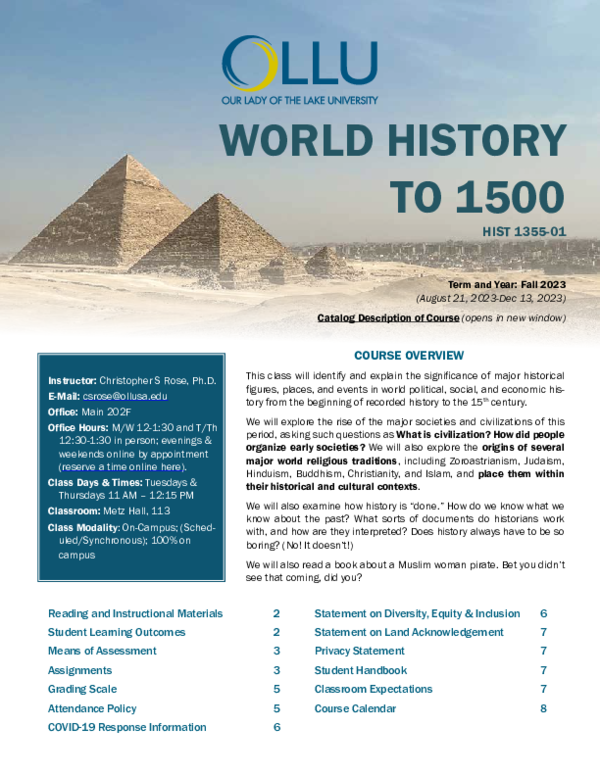 (PDF) Syllabus: HIST 1355 World History to 1500 (Fall 2023)