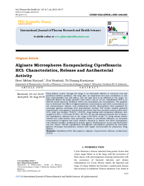 (PDF) Alginate Microspheres Encapsulating Ciprofloxacin HCl ...