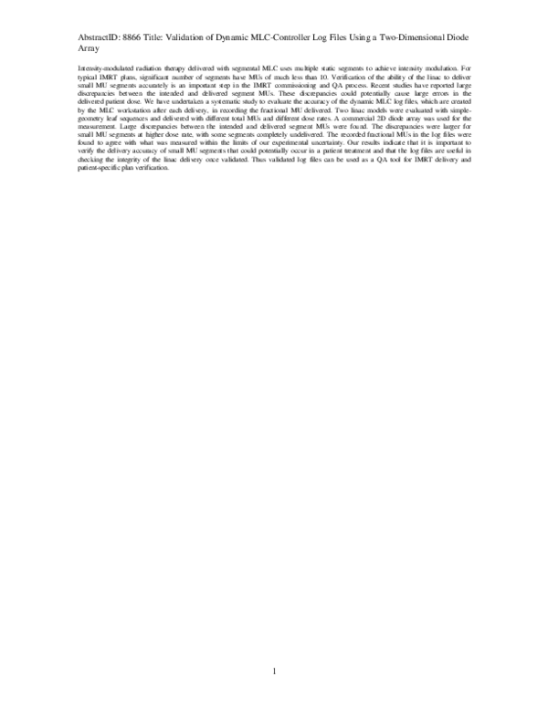 Pdf Validation Of Dynamic Mlc Controller Log Files Using A Two Dimensional Diode Array James