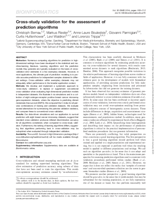 (PDF) Cross-study validation for the assessment of prediction algorithms