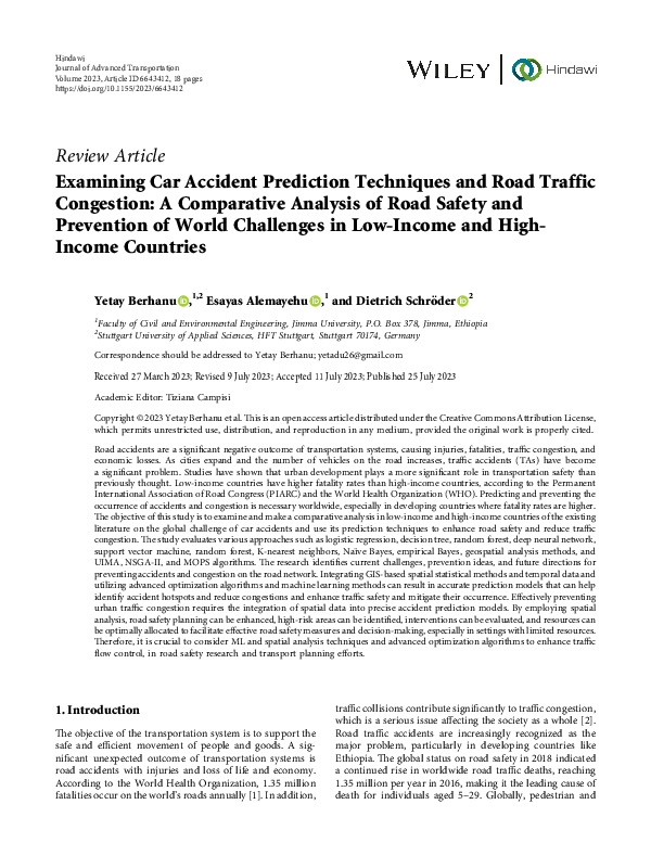 (PDF) Examining Car Accident Prediction Techniques and Road Traffic Congestion: A Comparative ...