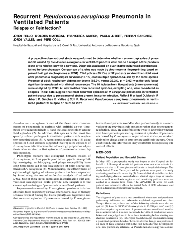 (PDF) Recurrent Pseudomonas aeruginosa Pneumonia in Ventilated Patients