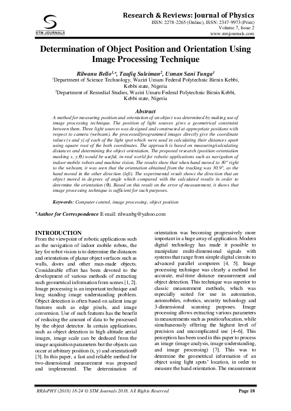 (PDF) Determination of Object Position and Orientation Using Image ...