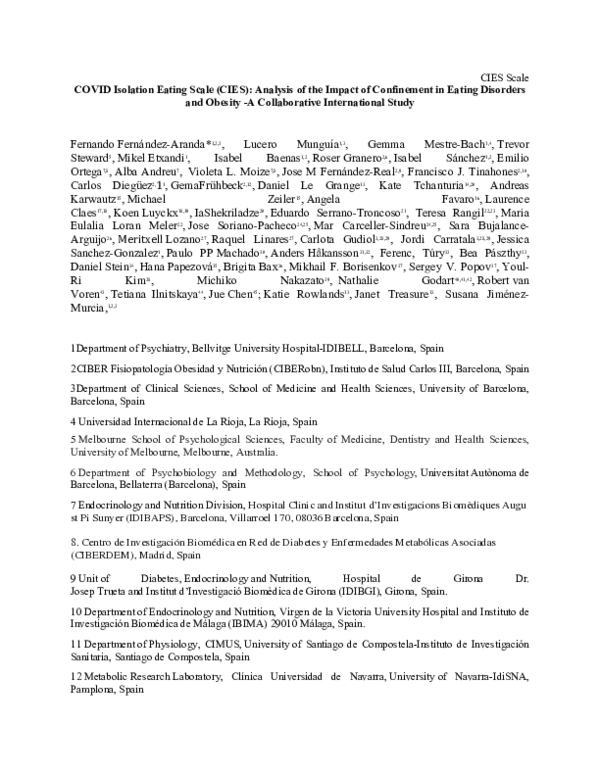 (PDF) COVID Isolation Eating Scale ( CIES ): Analysis of the impact of confinement in eating ...