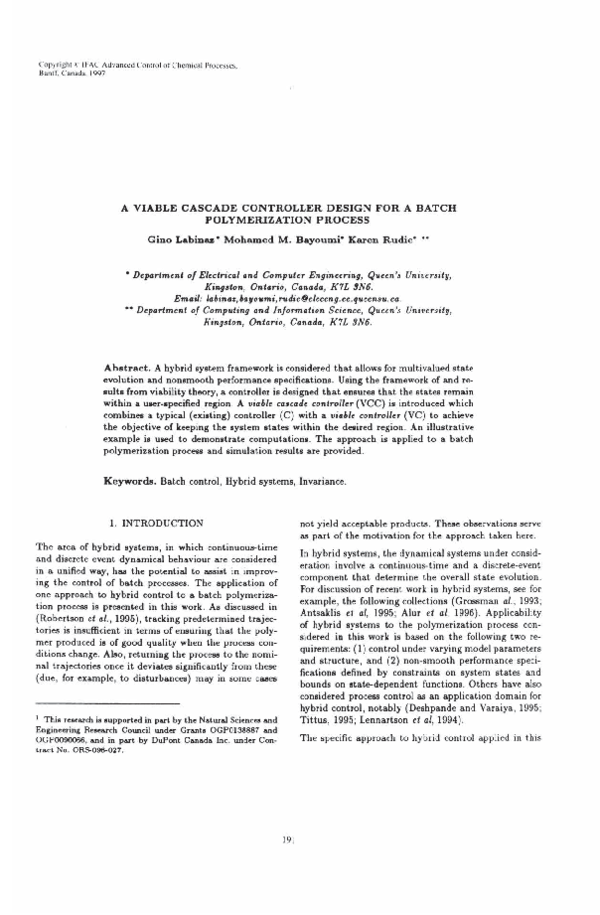 (PDF) A Viable Cascade Controller Design for a Batch Polymerization Process | Gino Labinaz ...