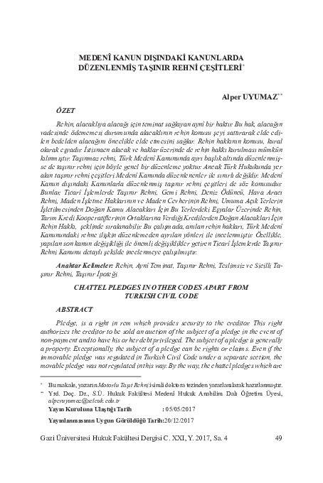 (PDF) Chattel Pledges in Other Codes Apart from Turkish Civil Code