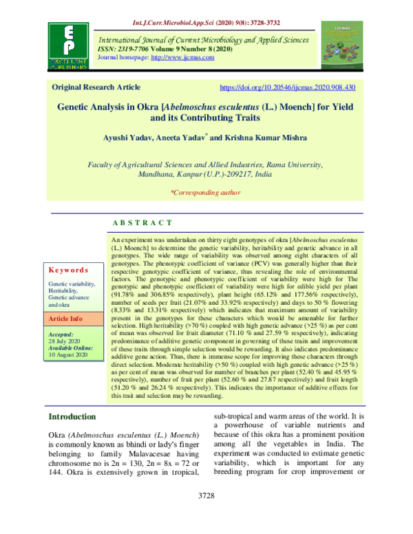 (PDF) Genetic Analysis in Okra [Abelmoschus esculentus (L.) Moench] for Yield and its ...