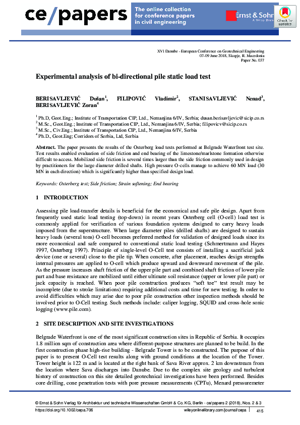 (PDF) Experimental analysis of bi-directional pile static load test