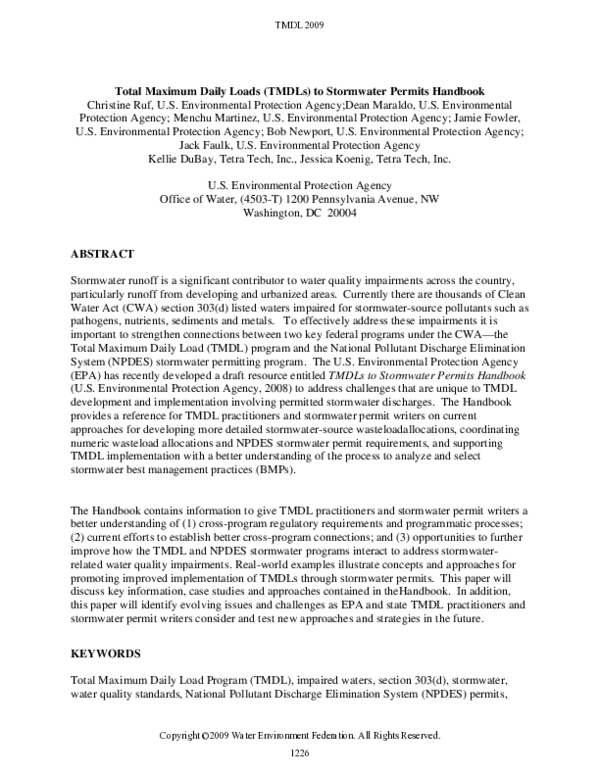 (PDF) Total Maximum Daily Loads (TMDLs) to Stormwater Permits Handbook | jack faulk - Academia.edu