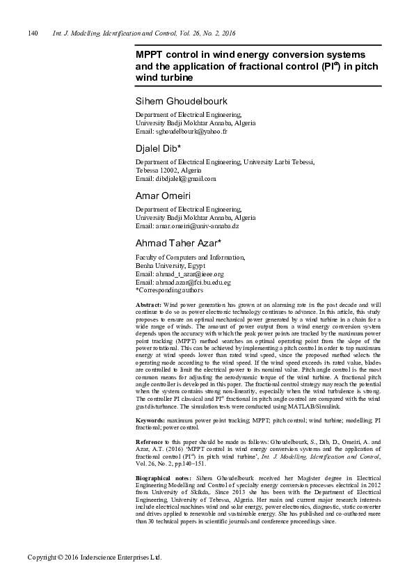 (PDF) MPPT control in wind energy conversion systems and the application of fractional control ...