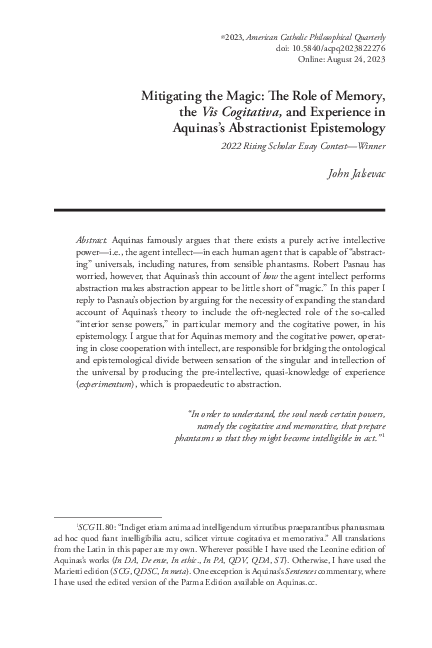 (PDF) Mitigating the Magic: The Role of Memory, the Vis Cogitativa, and ...