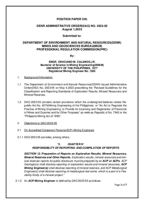 (PDF) POSITION PAPER ON: DENR ADMINISTRATIVE ORDER(DAO) NO. 2023-05