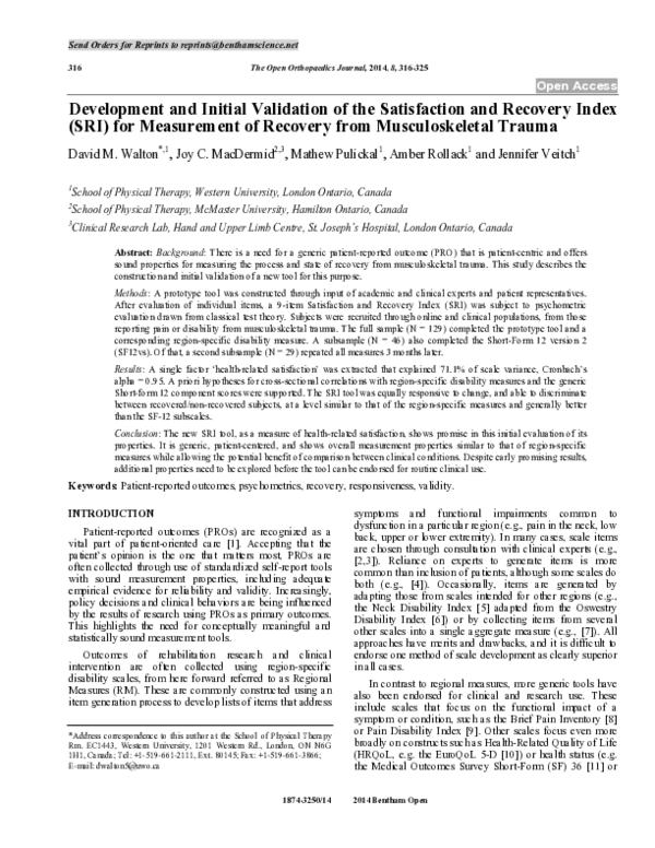 (PDF) Development and Initial Validation of the Satisfaction and Recovery Index (SRI) for ...