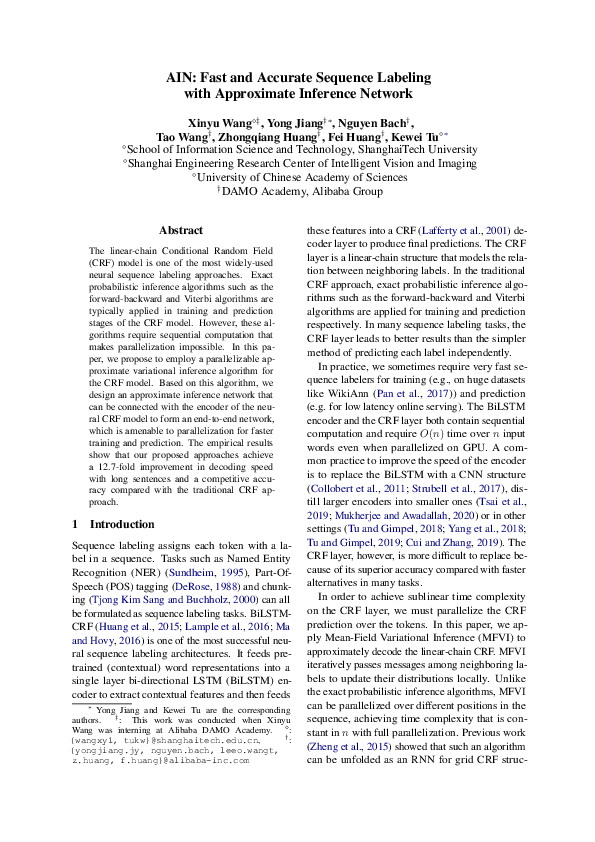 Pdf Ain Fast And Accurate Sequence Labeling With Approximate Inference Network Nguyen Bach